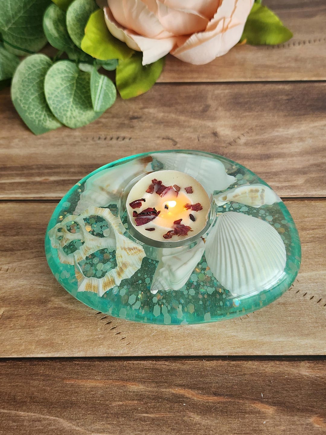 Tea Light Holder With Seashells, Hand Poured Resin Beach Decor - Etsy