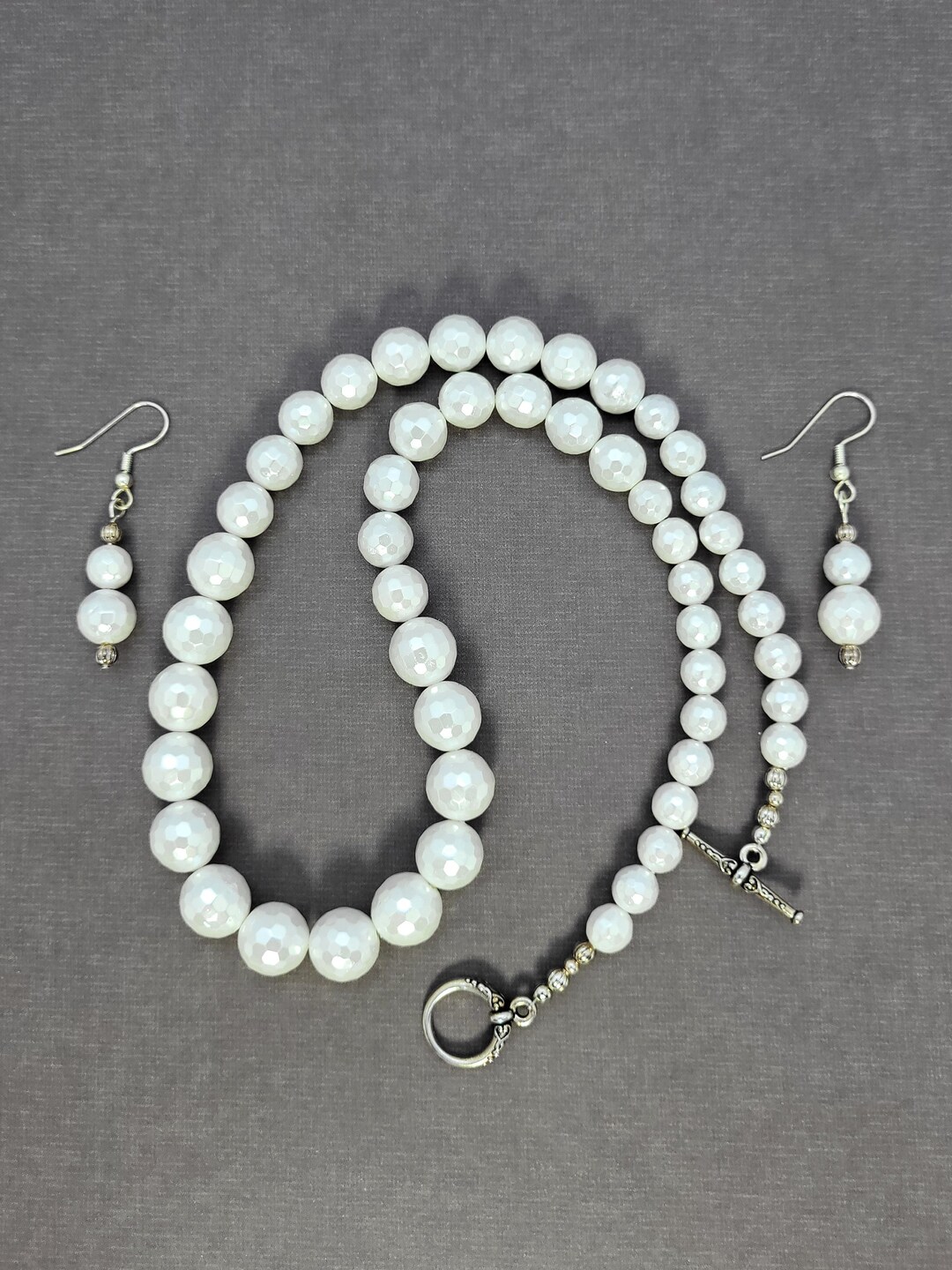 Faceted White Shell Pearl Necklace and Earrings Set: Handmade Silver ...