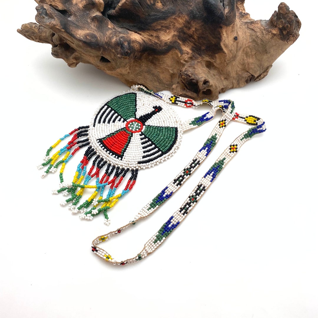 Vintage Native American Colorful Beaded Thunderbird Leather Necklace ...