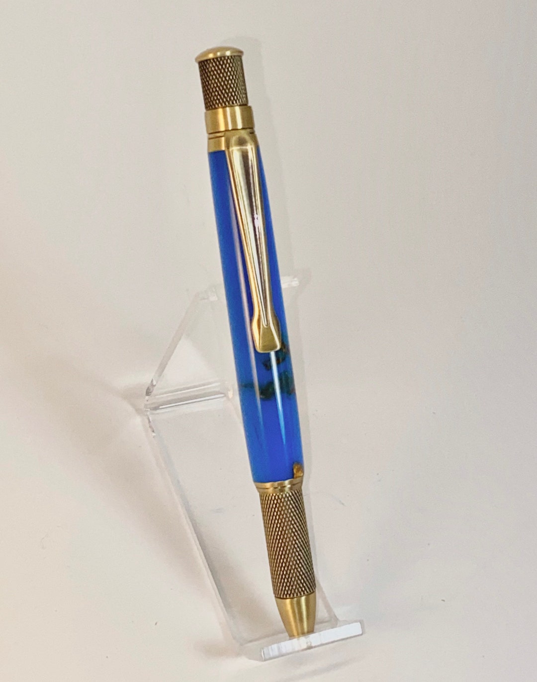 Blue & Gold Swirl Stylus Pen: Knurled Brass Accent - Etsy
