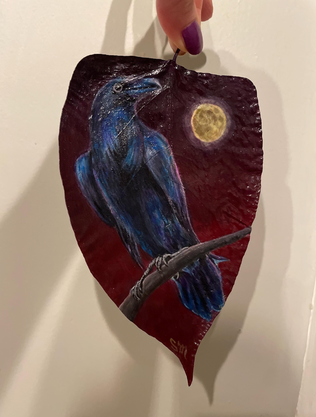 Raven Painted on a Real Leaf With Dried Flowers - Etsy