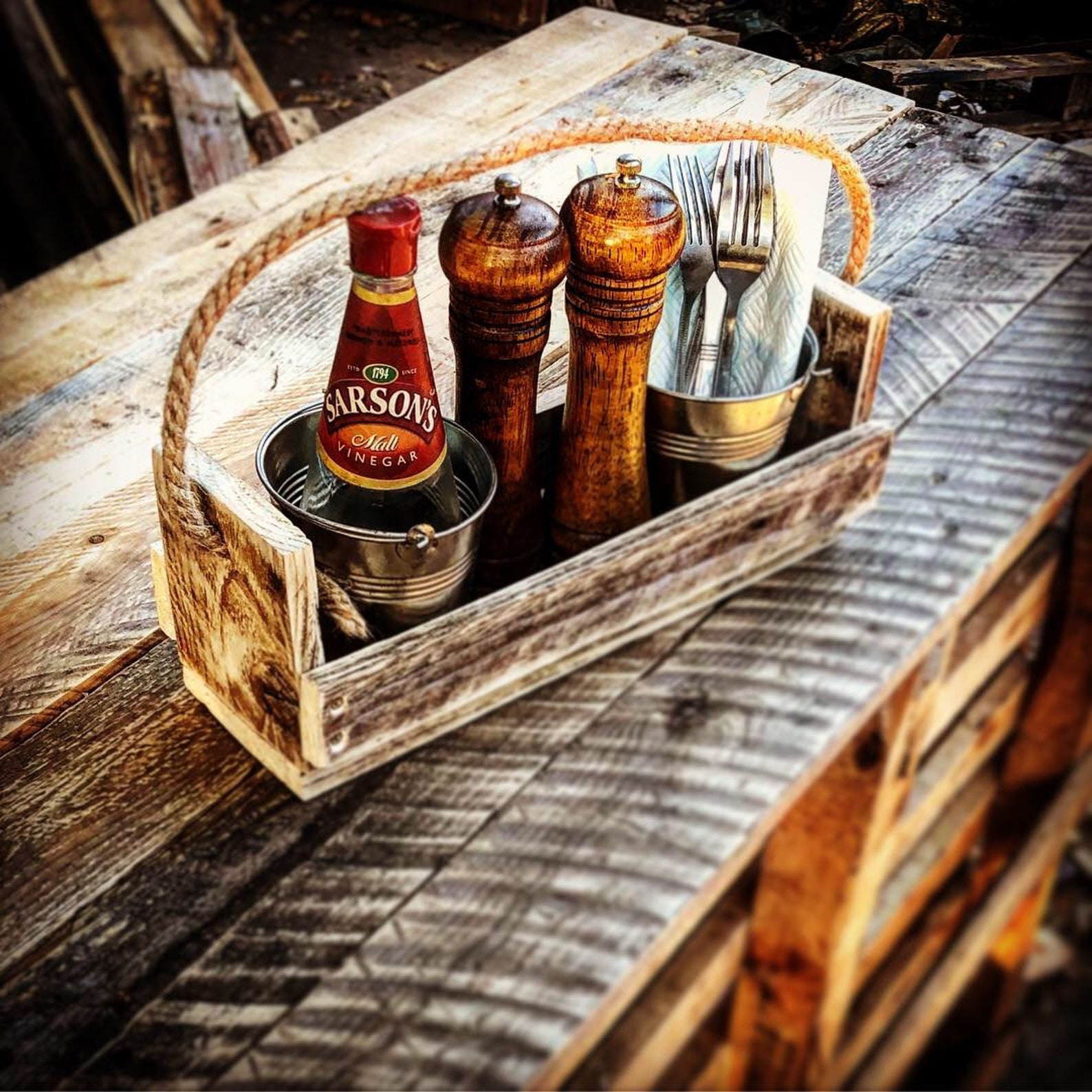 Rustic Handmade Condiments Holder With Rope Handle | Etsy UK