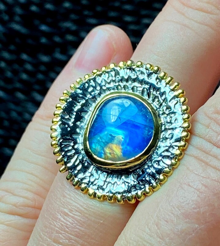 Beautiful Spectrolite Ring in Sterling Silver With Gold Unique Gemstone ...