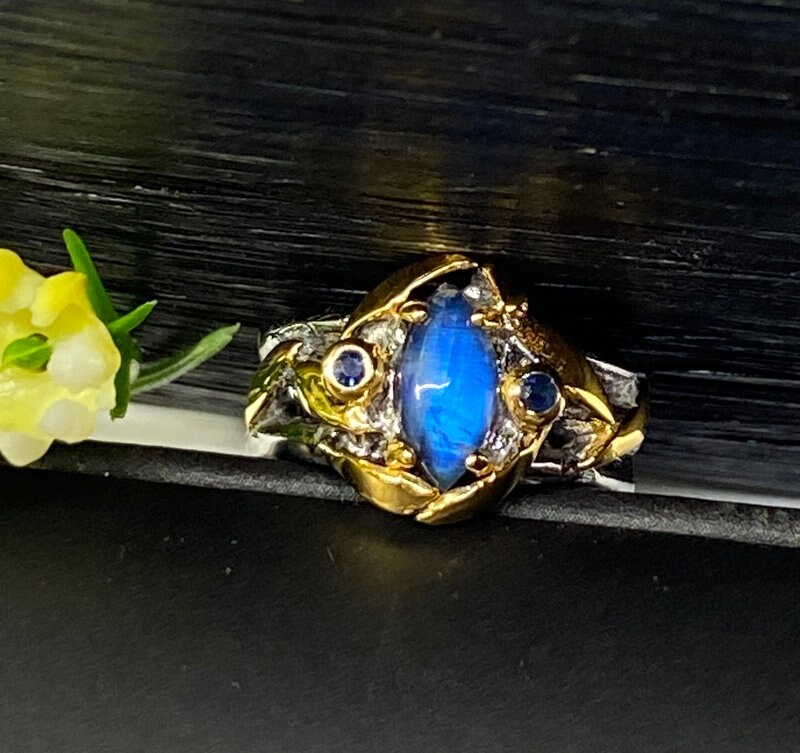 Spectrolite With Sapphires Ring in Sterling Silver With Gold - Etsy