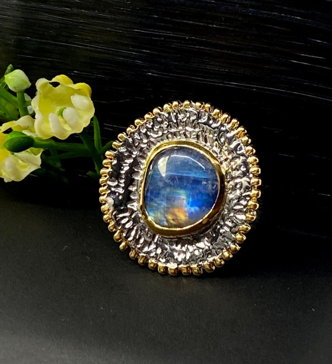 Beautiful Spectrolite Ring in Sterling Silver With Gold - Unique ...