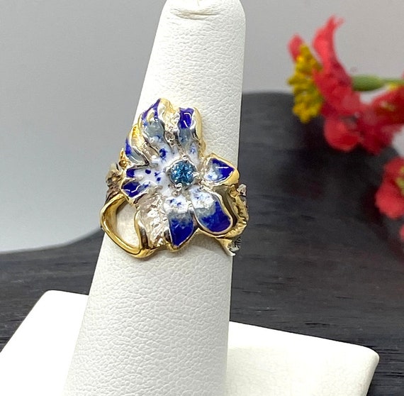 Size7 Beautiful Flower Enamel ring in sterling silver with 24k | Etsy