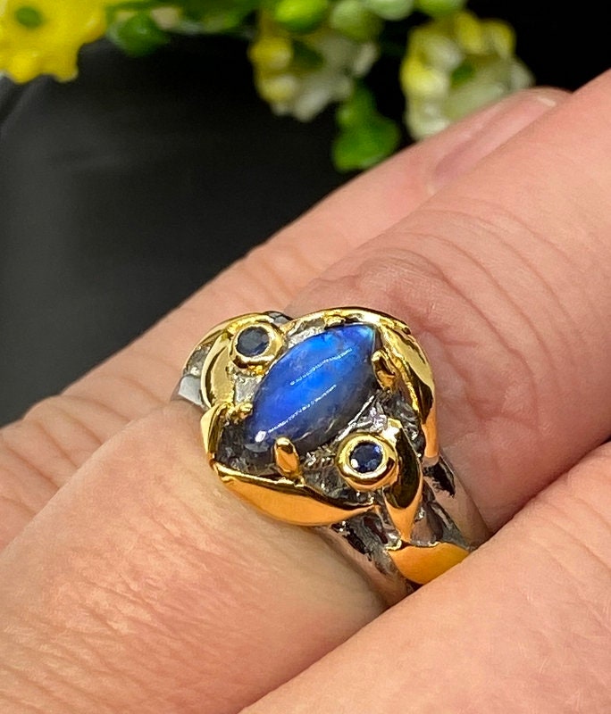 Spectrolite With Sapphires Ring in Sterling Silver With Gold - Etsy