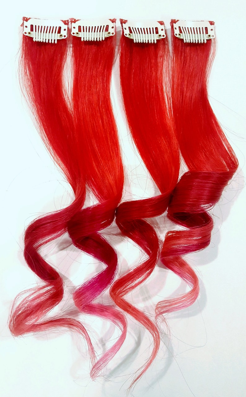 Set of 4 RED MAGENTA PINK Clip in Hair Extensions Ariel - Etsy