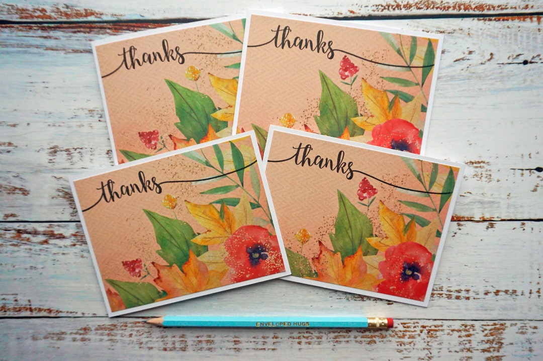 Pack of 4 Fall Theme Thanks Cards, Thanksgiving Cards, Thanksgiving ...