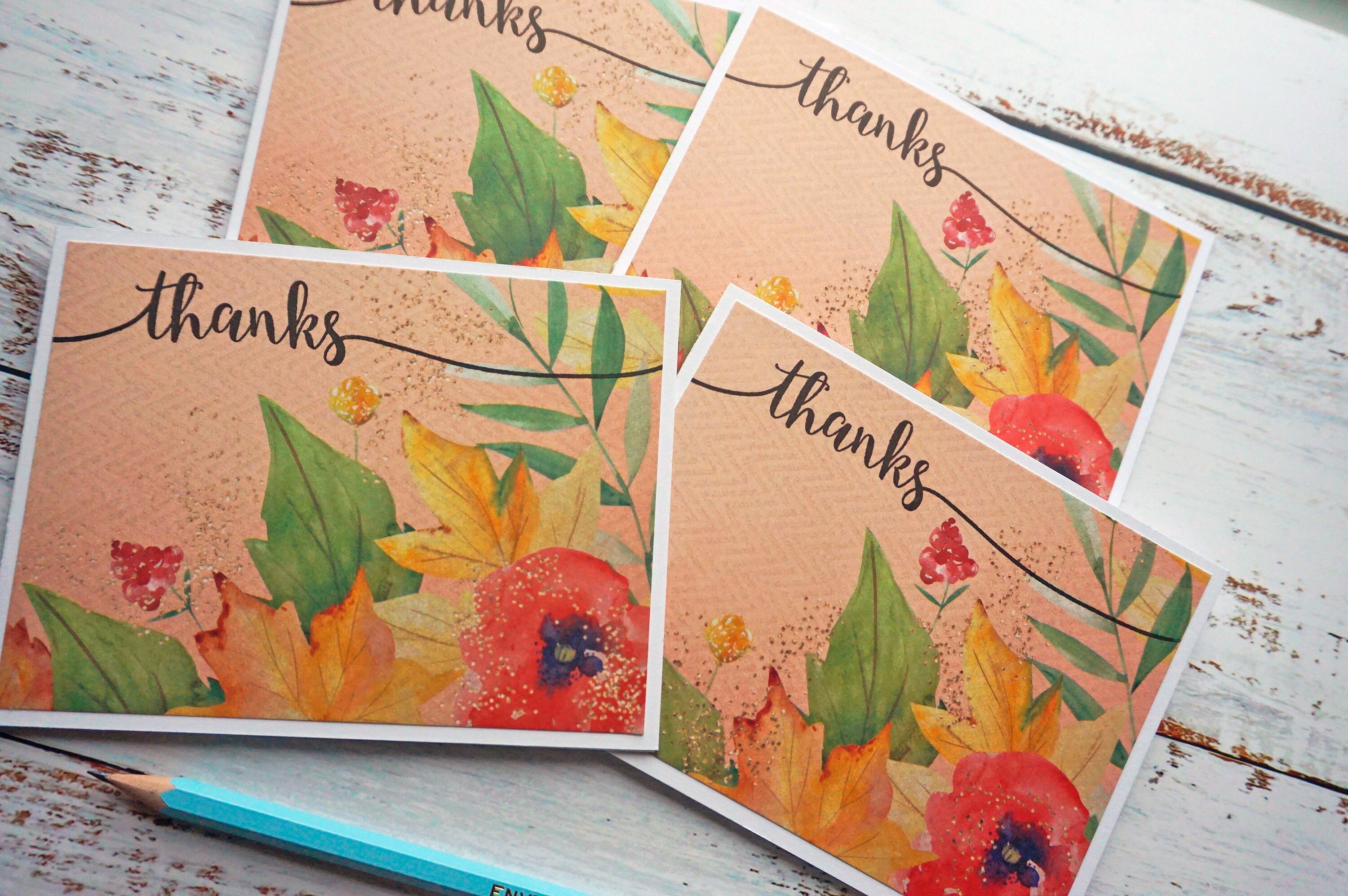 Pack of 4 Fall Theme Thanks Cards, Thanksgiving Cards, Thanksgiving ...