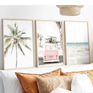 3 Piece Wall Art, Beach Pastel Wall Decor, Pink Kombi, Teen Girl Room ...