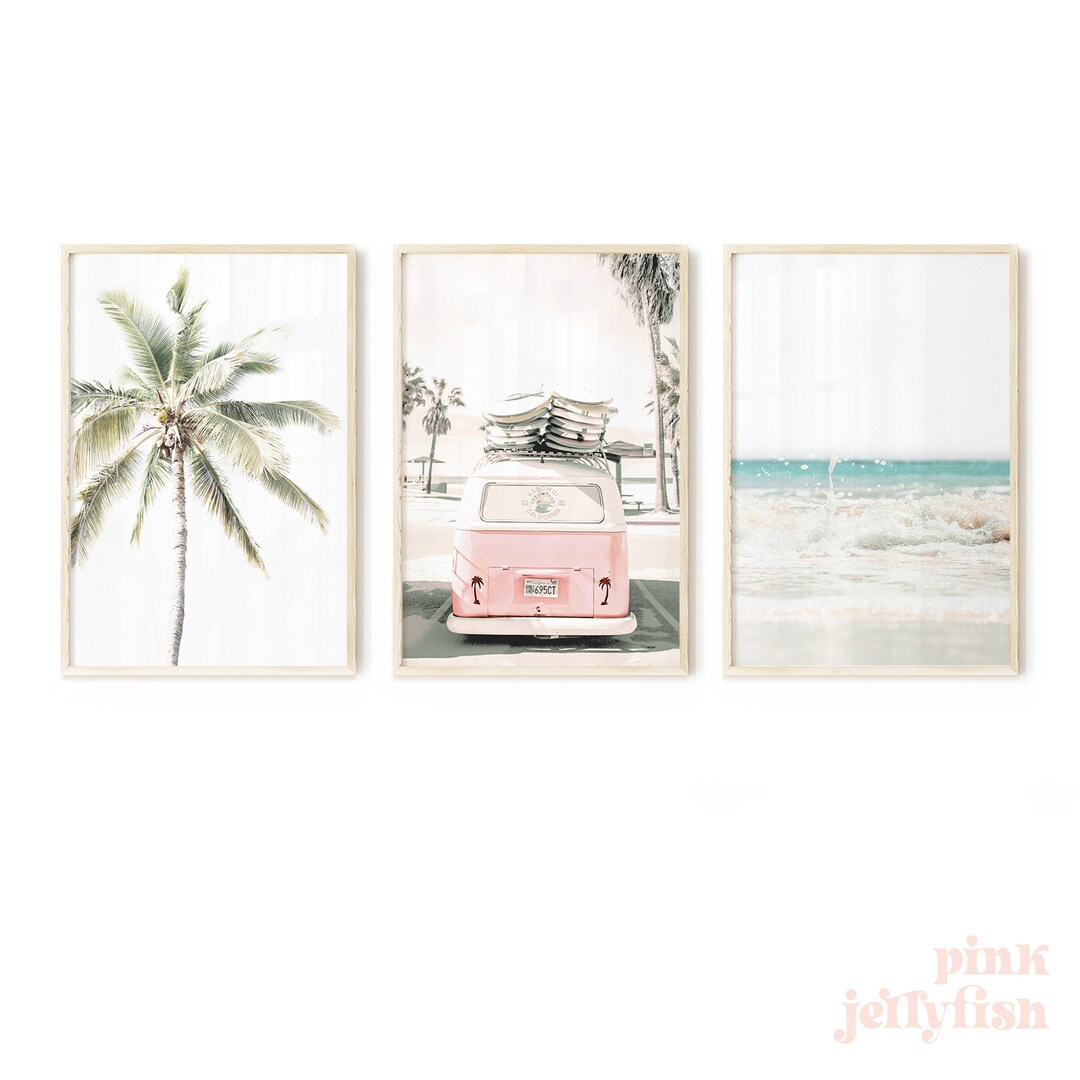 3 Piece Wall Art, Beach Pastel Wall Decor, Pink Kombi, Teen Girl Room ...
