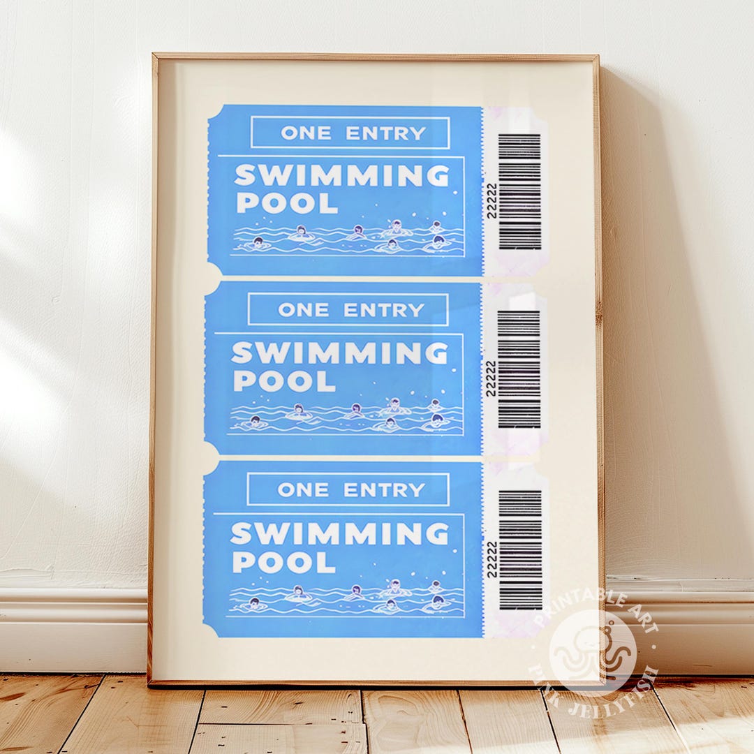 Swimming Pool Ticket Wall Art, Blue Retro Summer Wall Art, Poster ...