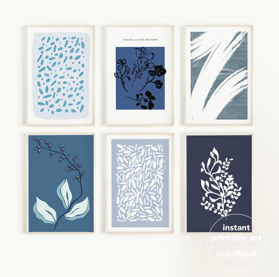 Blue Gallery Wall Set of 6 Prints Navy, Indigo Line Art, Botanical ...