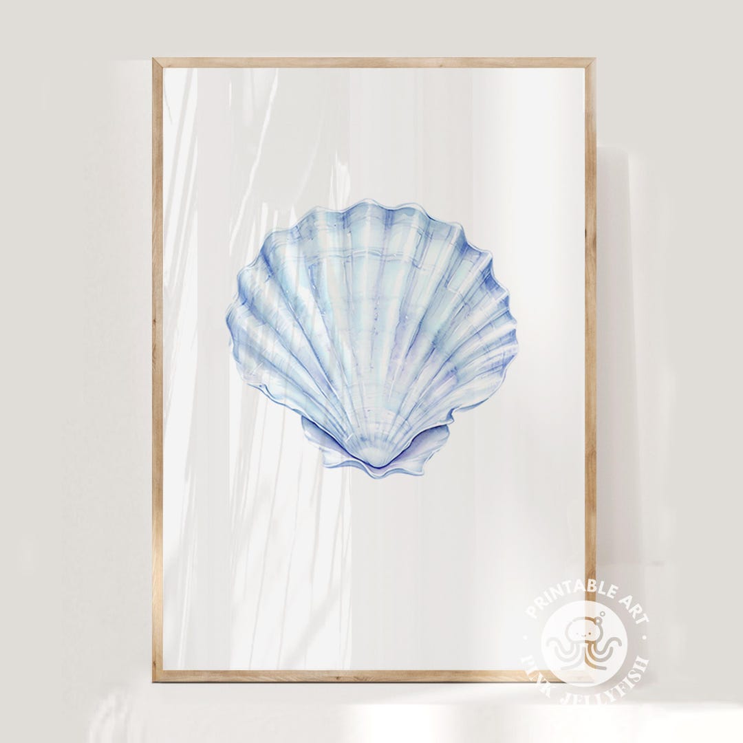 Pastel Blue Sea Shell Print, Watercolor Seashell Printable Wall Art ...