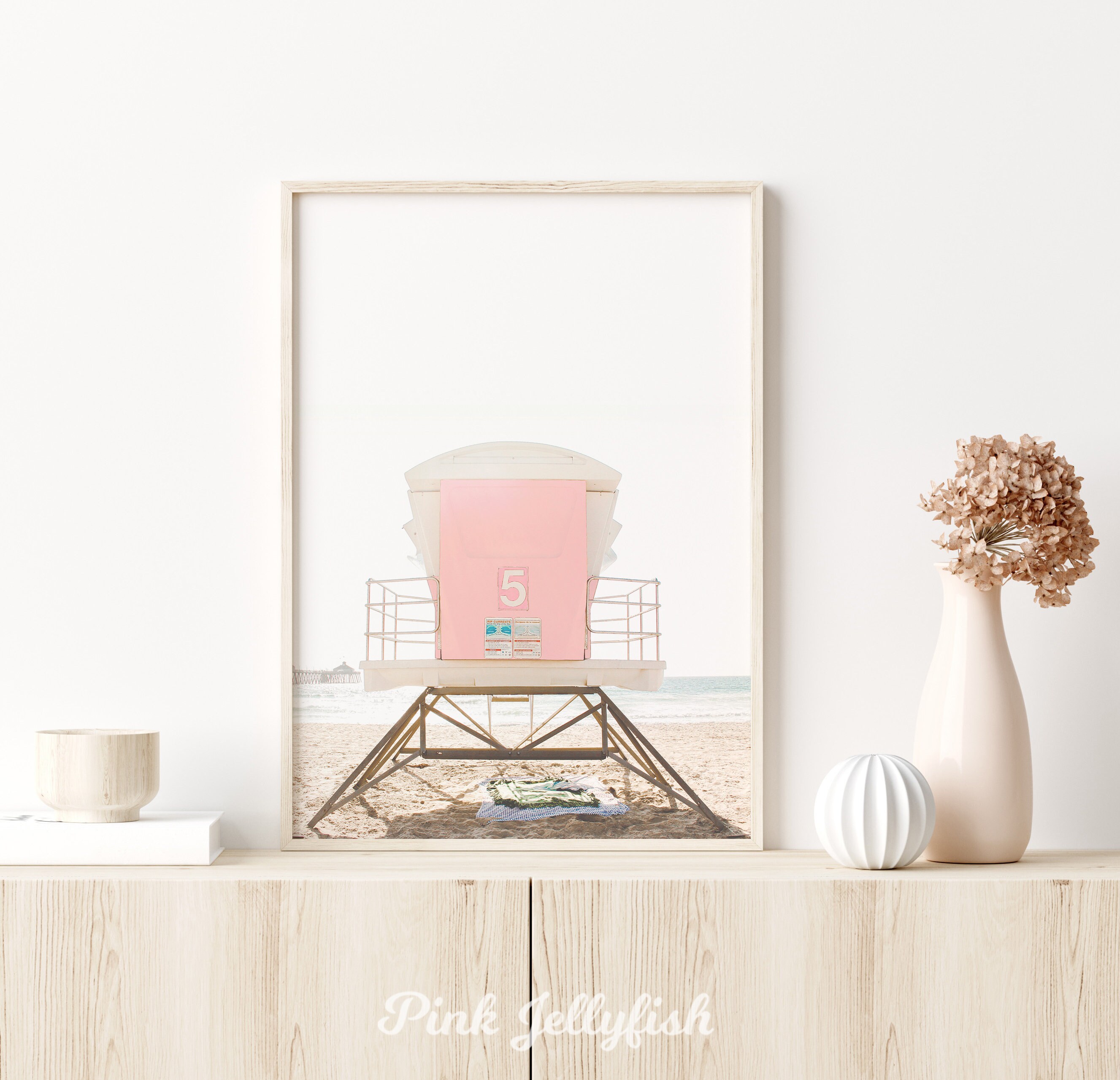 Beach Wall Decor Pink Lifeguard Tower Print Coastal Wall | Etsy