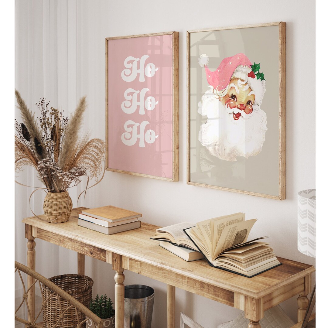 Pink Christmas Wall Art Set of 2, Pink Santa Printable Art, Holiday ...