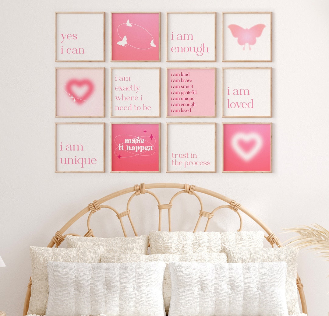 Pink Aura Wall Art Set of 12, Affirmation Wall Art for Girls, Modern ...