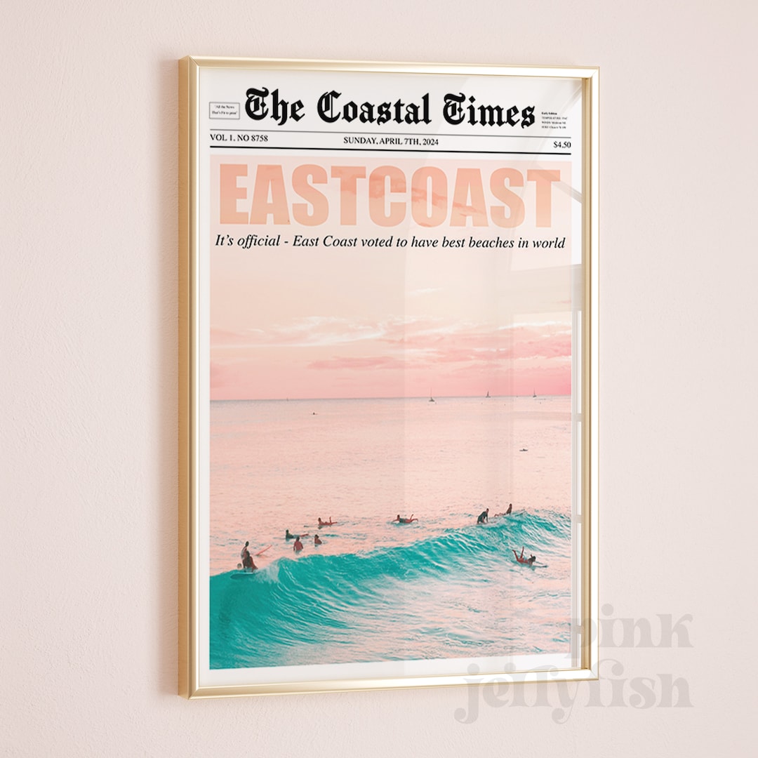 Eastcoast Newspaper Print, Coastal Cowgirl Wall Art, Orange and Blue ...