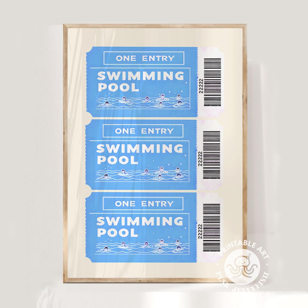 Swimming Pool Ticket Print, Blue Retro Summer Wall Art, Printable Wall ...