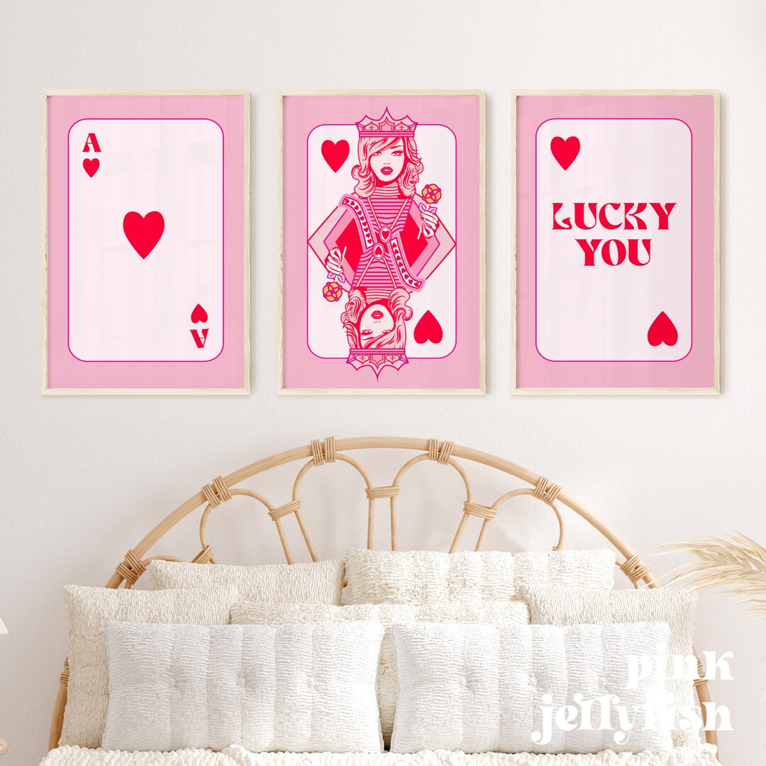 Preppy Wall Art Set of 3, Lucky You Playing Card Print, Queen of Hearts ...