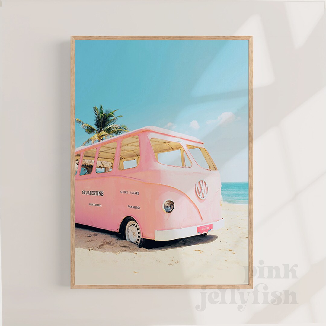 Pink Kombi Van Print, Surf Wall Art, Beach Surf Poster, Printable Wall ...