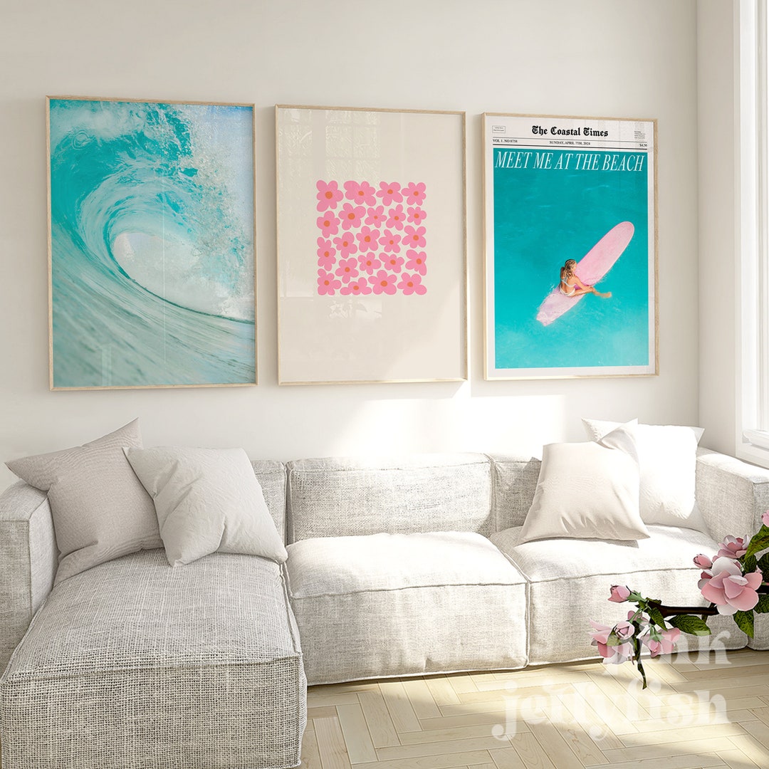 Beach Wall Art Print Set of 3, Surfer Girl Pink Board, Flowers, Wave ...