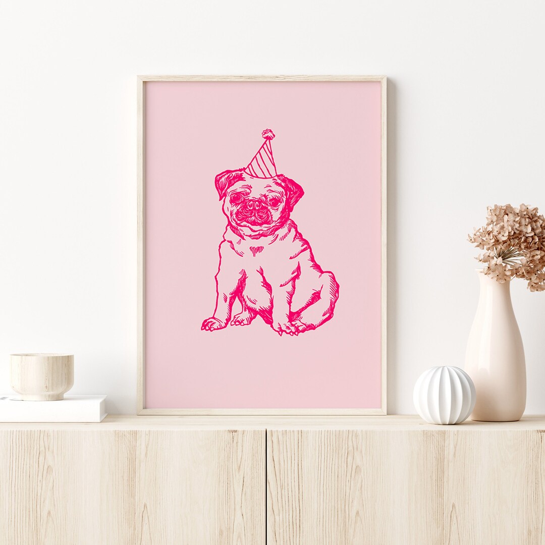 Preppy Wall Decor Pug Art Pug Print Pink Bedroom Decor Etsy