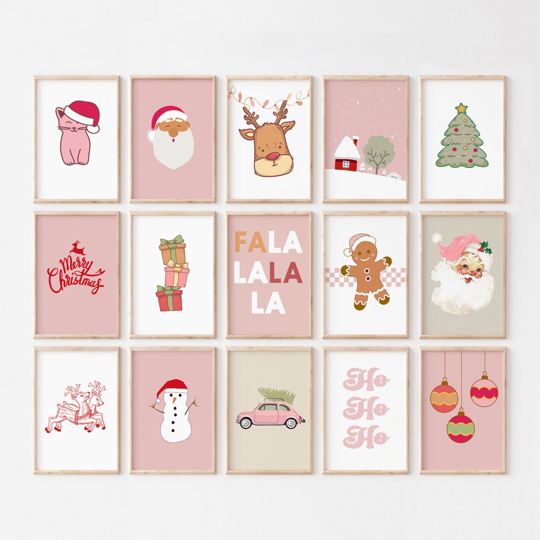 Christmas Prints Set of 15 Printable Wall Art, Cute Pink Christmas ...