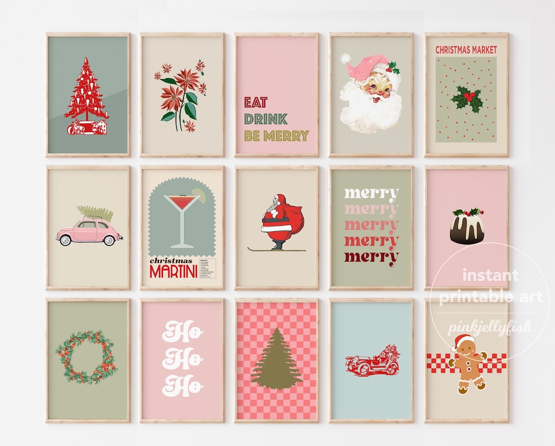 Retro Christmas Prints Bundle, Set of 15 Printable, Preppy Chrismas ...