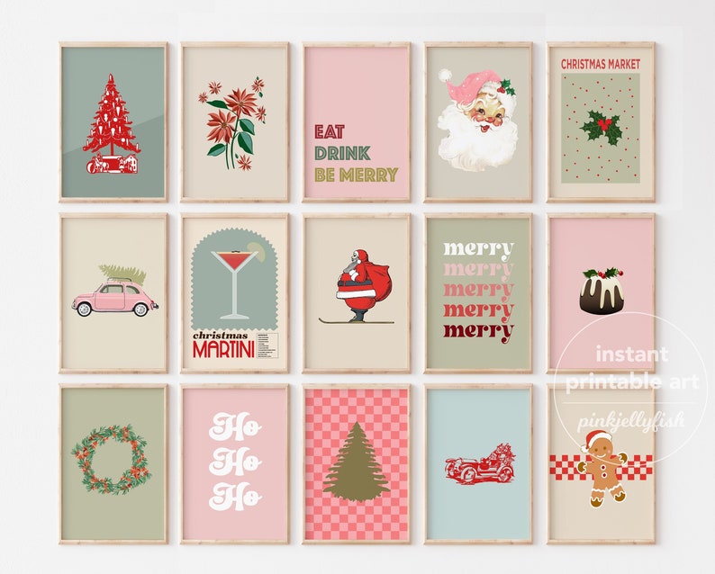Retro Vintage Christmas Prints Bundle, Set of 15 Printable, Preppy ...