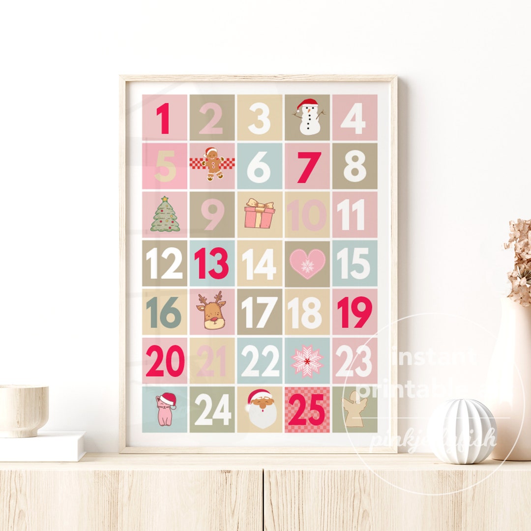 Advent Calendar Printable Art, Christmas Countdown Wall Art, Retro ...