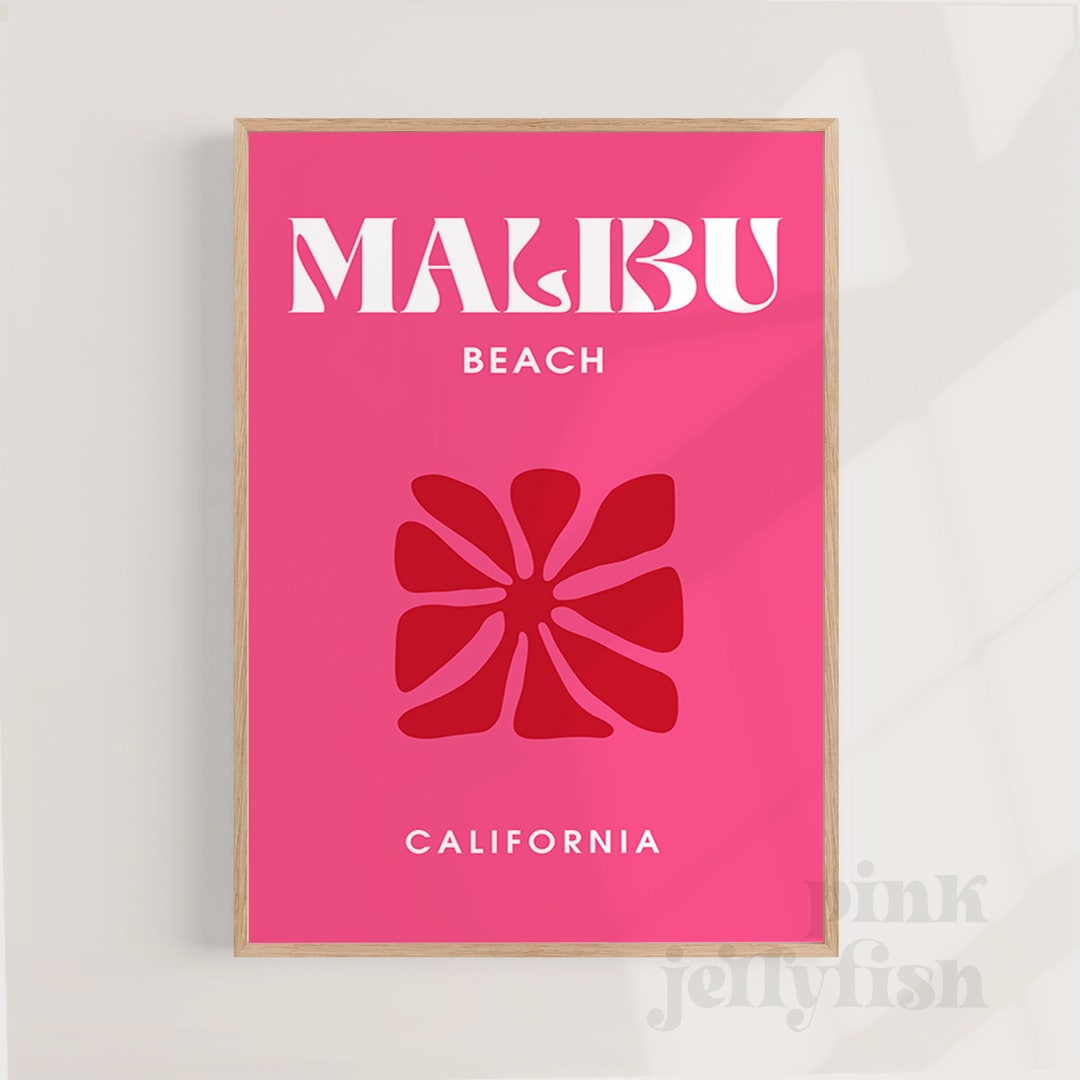 Malibu Beach Print, Colorful Preppy Travel Printable Wall Art, California, Hot Pink Preppy Room ...