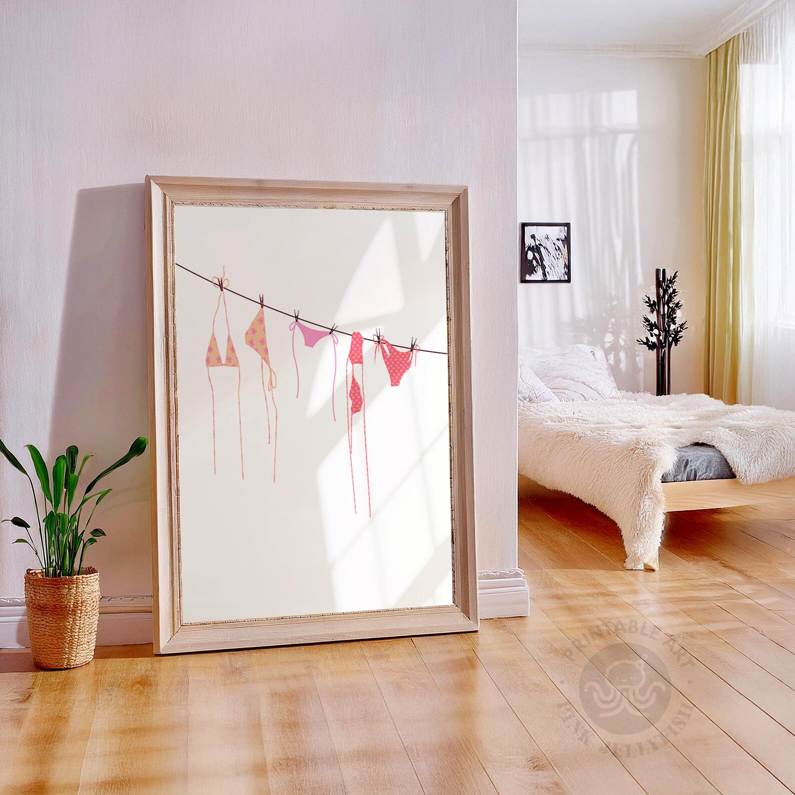 Bikini Wall Art, Pink, Clothes Line Print, Beach Wall Art, Coastal ...