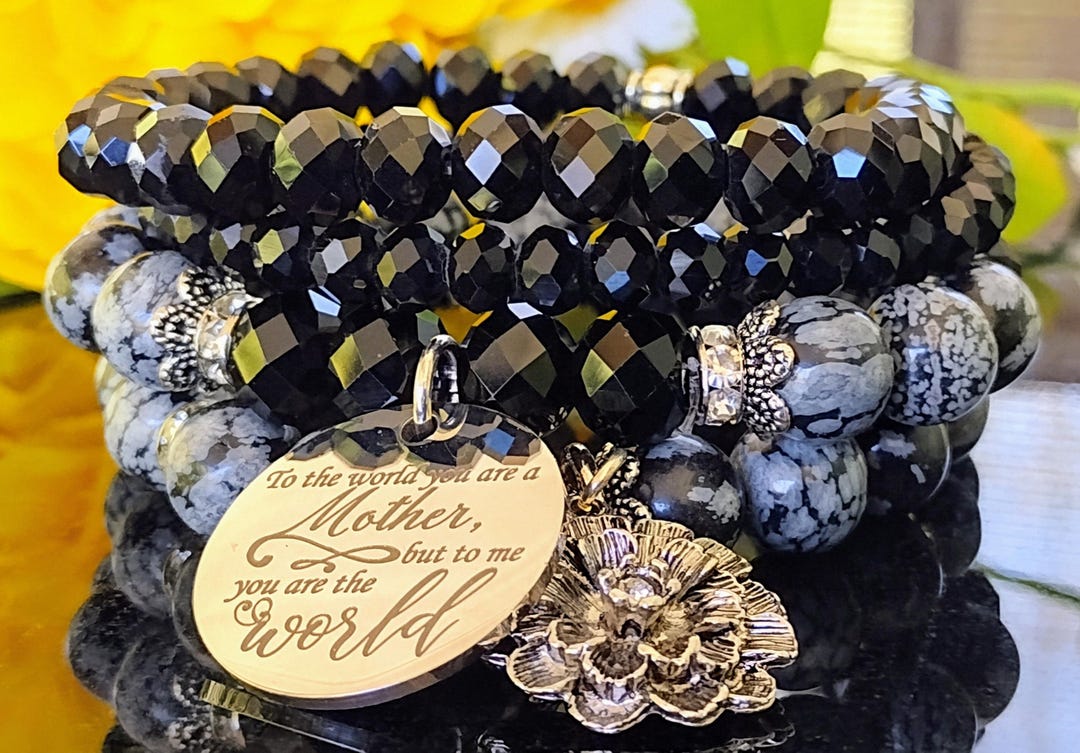 Black Onyx & Snowflake Obsidian Handmade Gemstone Bracelet Set With ...