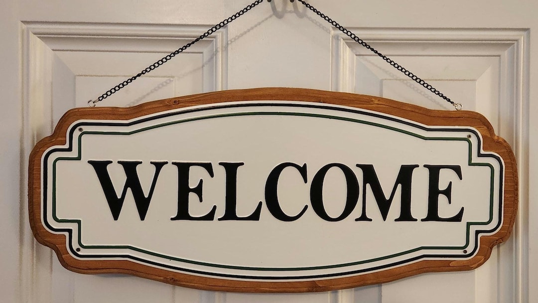 Large Metal Welcome Sign Solid 1 Pine Backboard. Hanging Chain Included ...