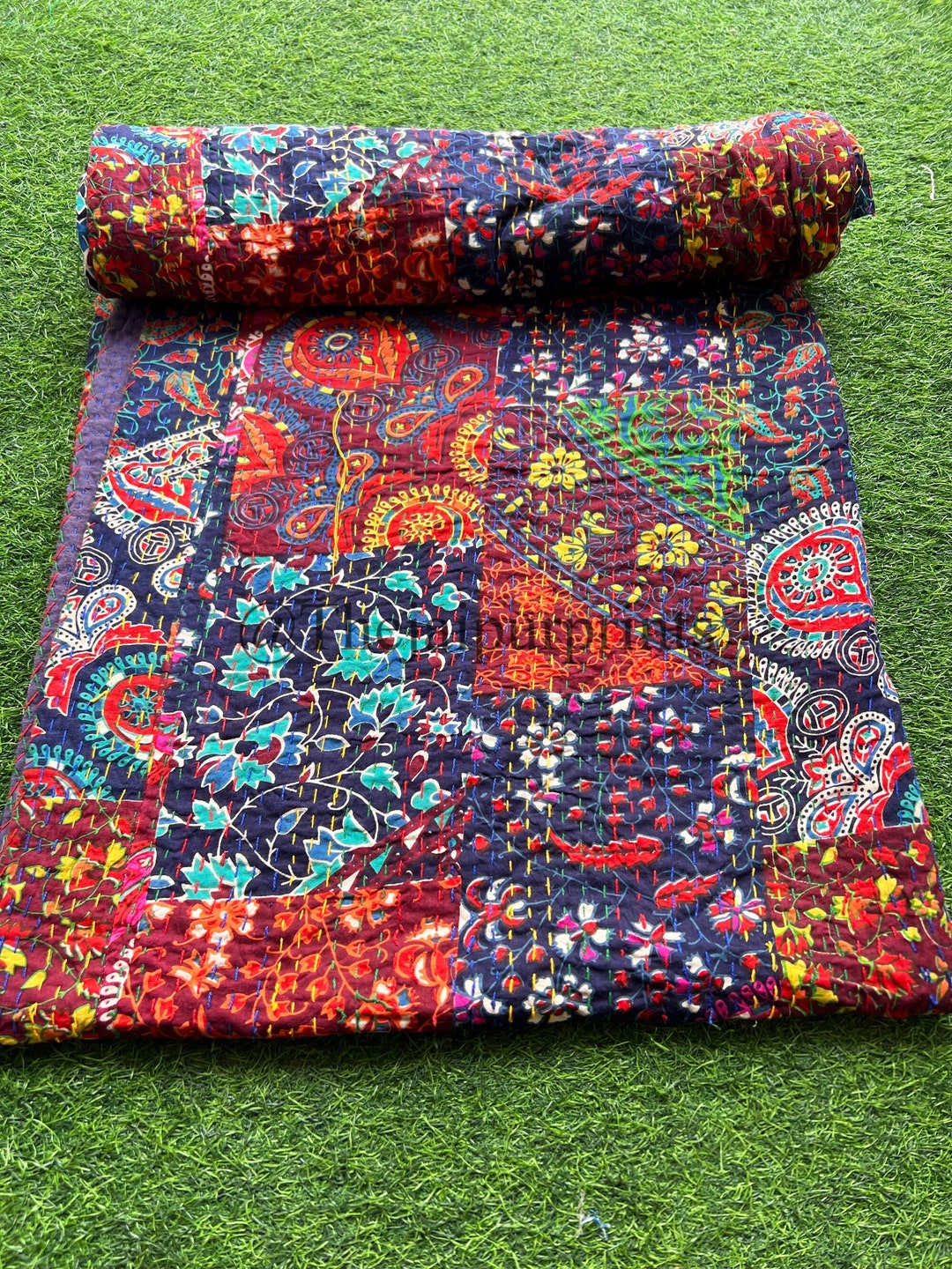 Handmade Patchwork Indian Kantha Quilt, Cotton Kantha Throw Blankets ...