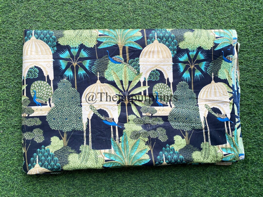 Peacock Garden Art Temple Lawn Soft Hand Printed Fabric, Indian Cotton ...
