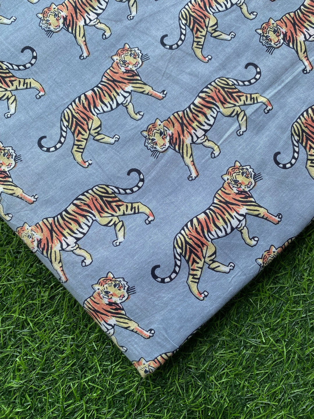 Gray Tiger Print Cotton Fabric, Hand Block Printed Womens Clothing ...