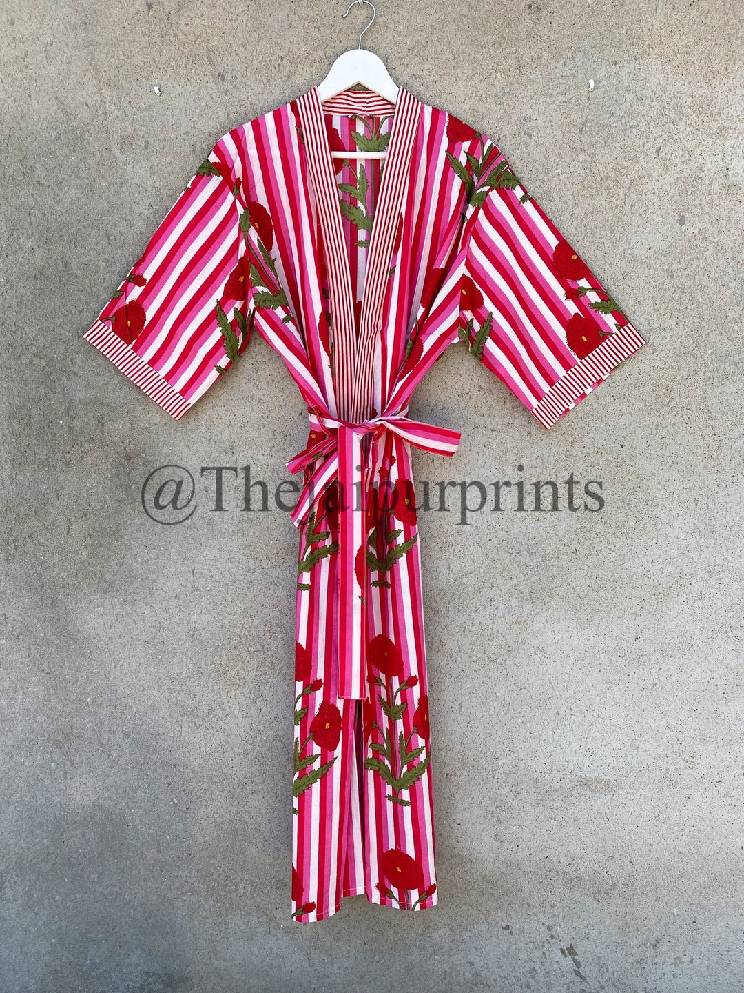 Red & White Stripe With Mughal Floral Print Kimono Robe, Bridesmaid ...