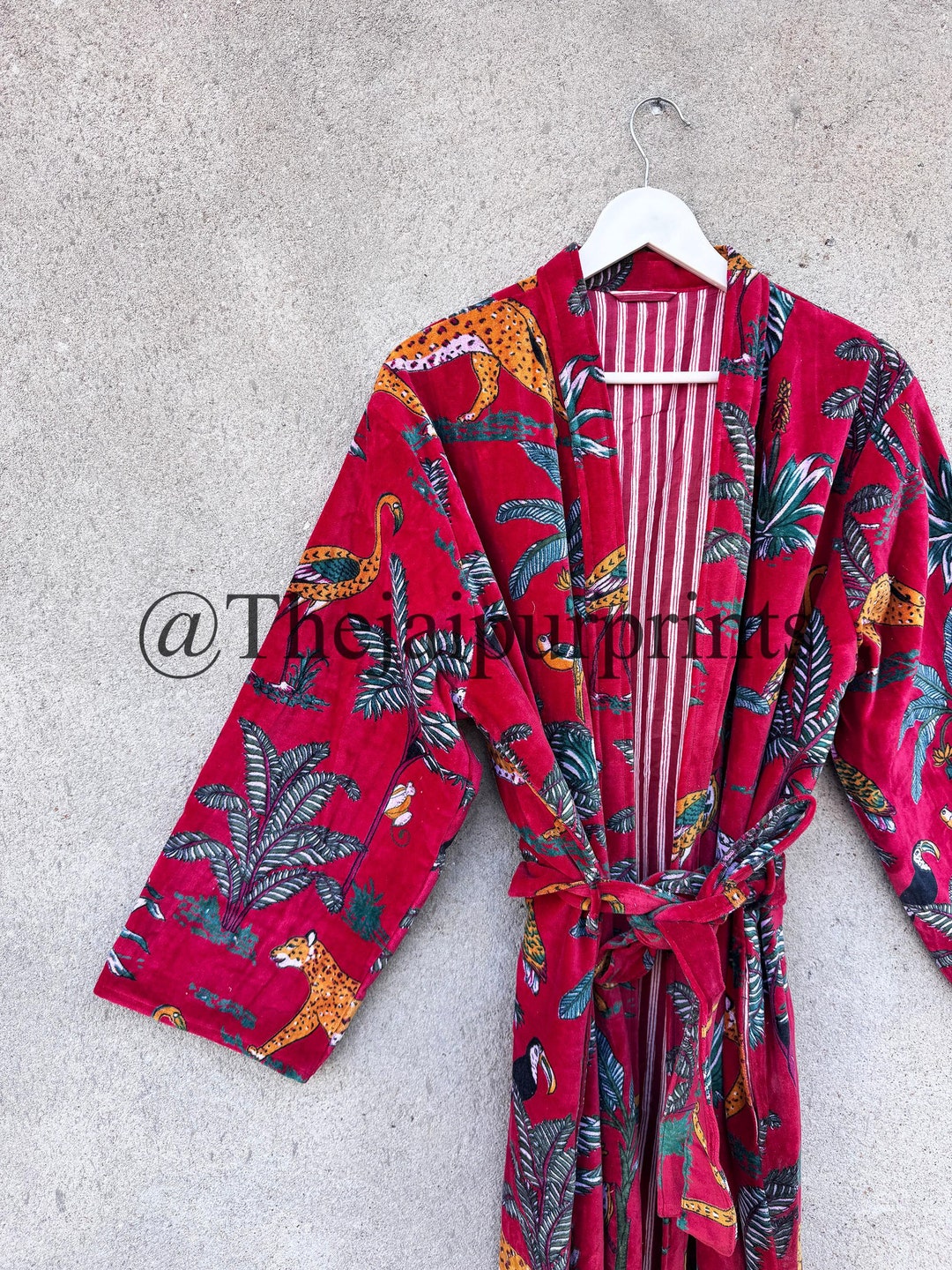 Red Jungle Print Kimono Robes, Velvet Kimono Robes, Morning Tea Velvet ...