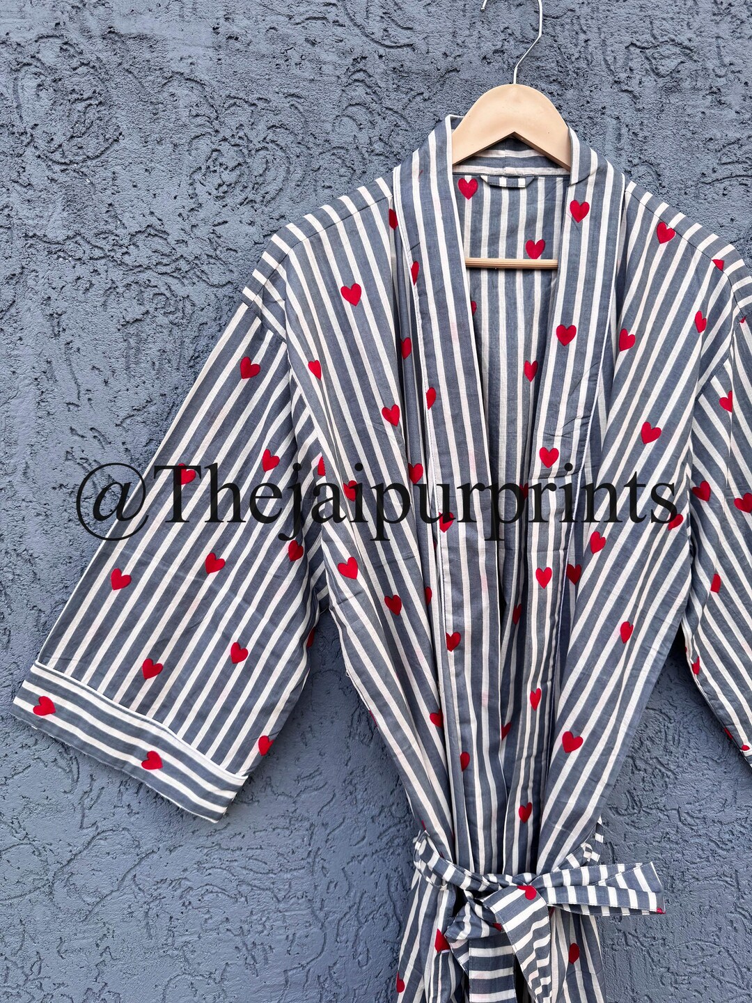 Hand Block Print Cotton Kimono Robe, Striped Heart Bathrobe - Etsy