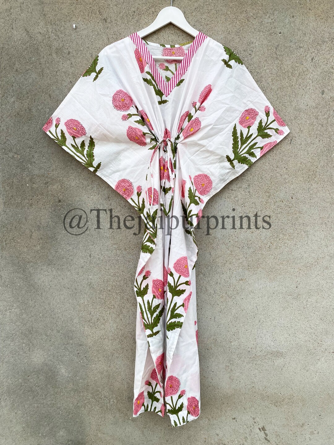 Pink Mughal Floral Print Cotton Kaftan Dress: Beach Cover up Loungewear ...