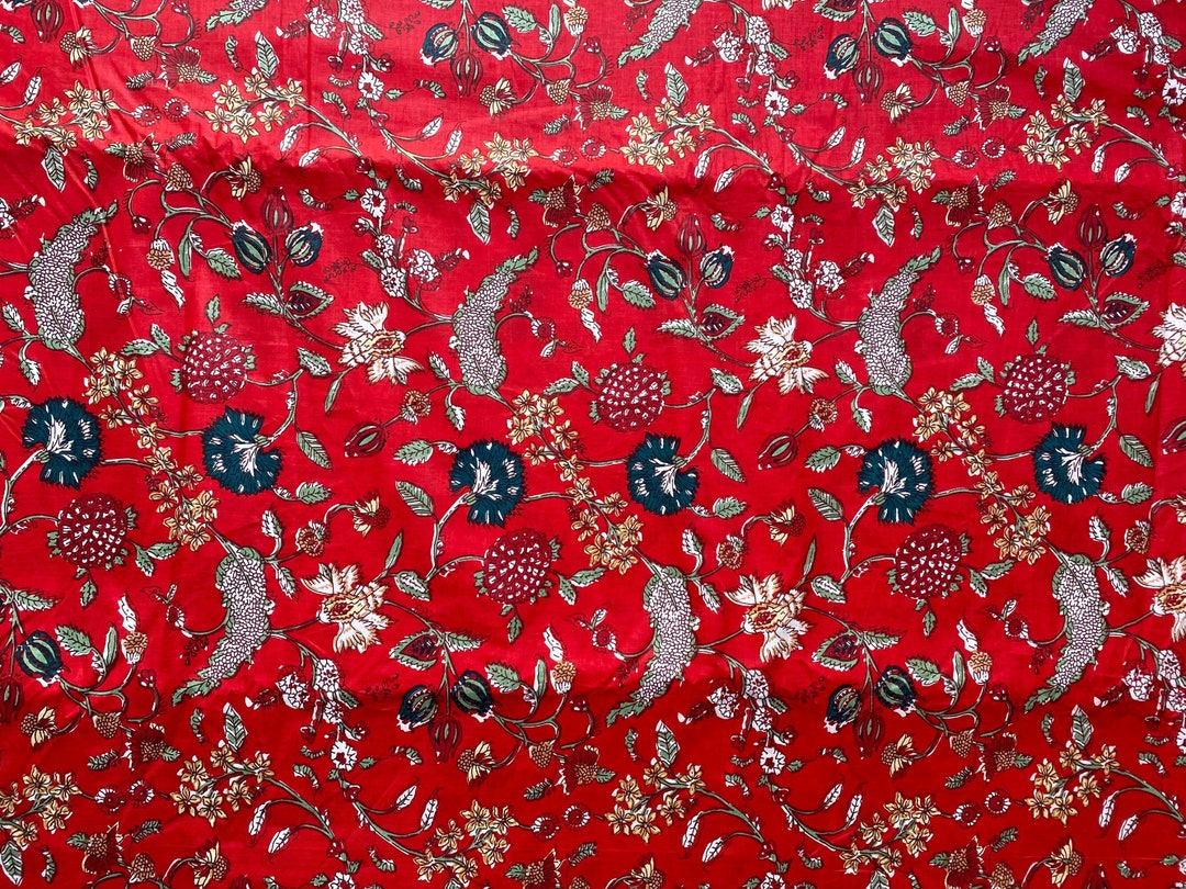 Hand Block Floral Printed Cotton Fabric, Indian Fabric by the Yard ...