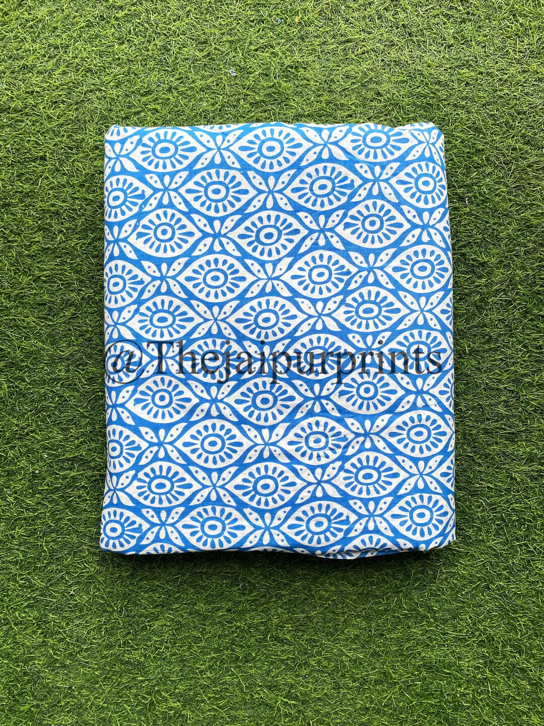 Blue Abstract Floral Eye Design Print Cotton Fabric, Hand Block Printed ...