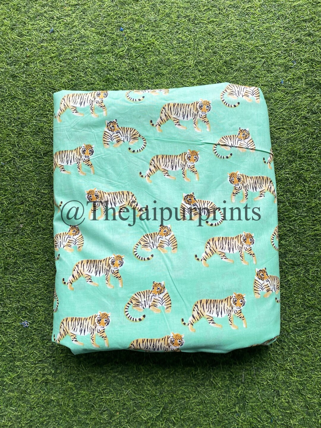 Green Tiger Print Cotton Fabric: Indian Hand Block Printed Nursery ...
