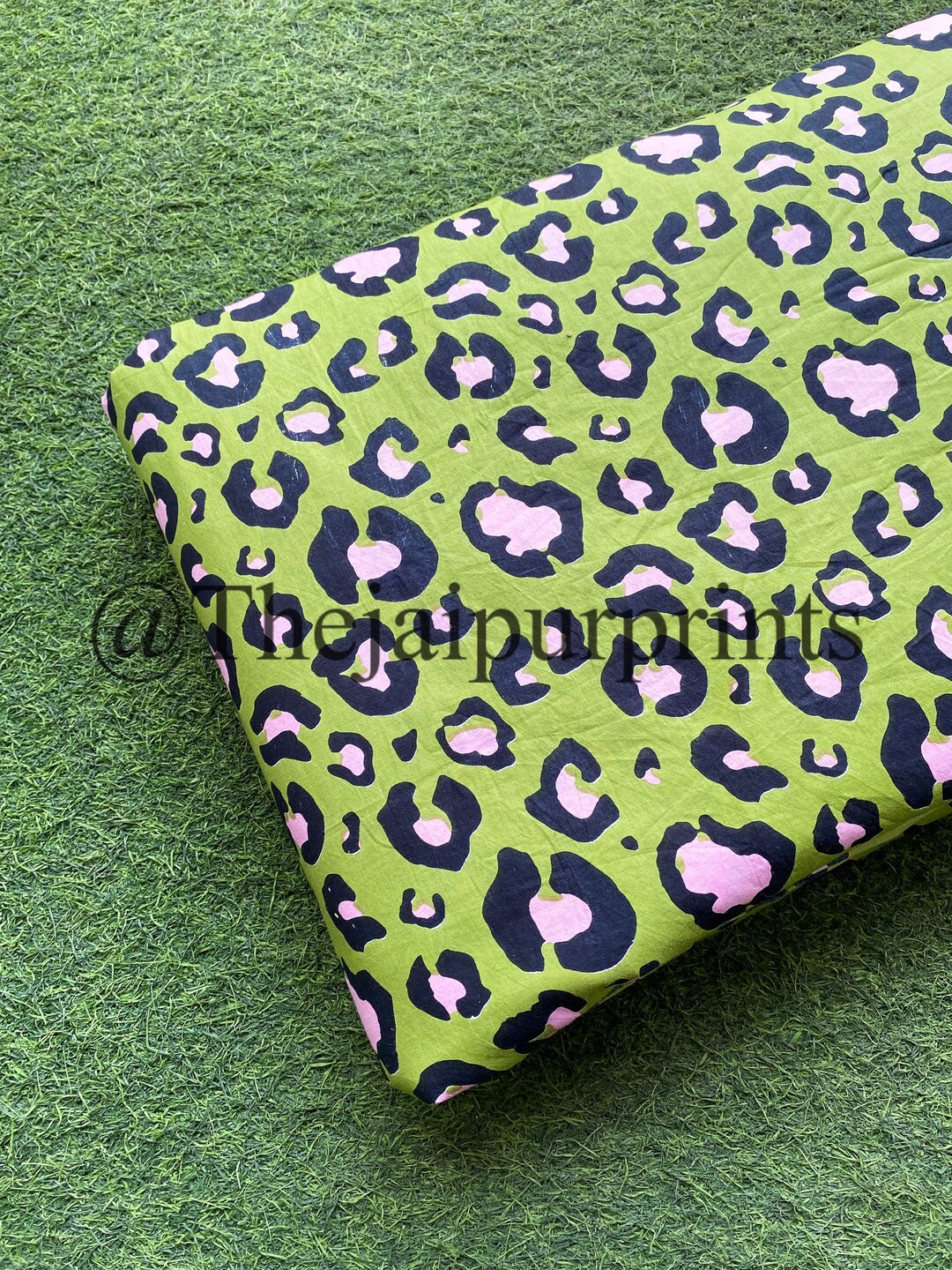Green Leopard Skin Print Fabric, Screen Printed Fabric, Indian Hand ...
