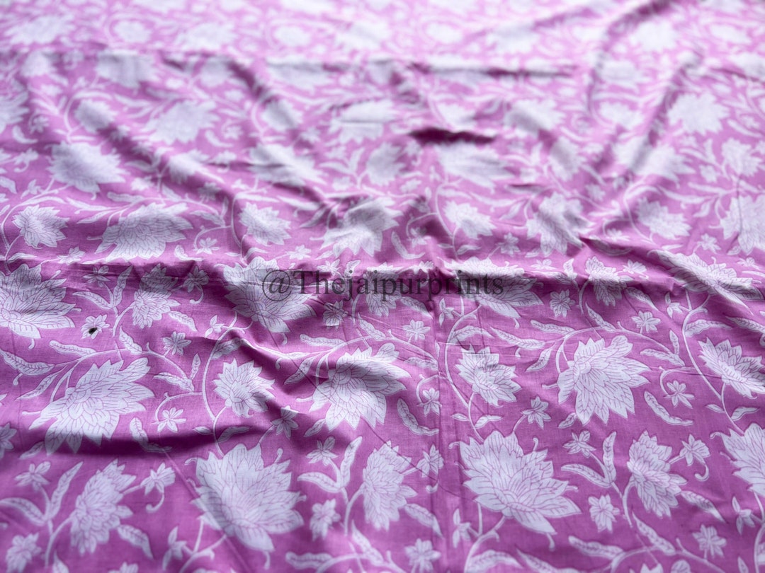 New Beautiful Pink Floral Indian Hand Stamped Print Fabric, Hand Block ...