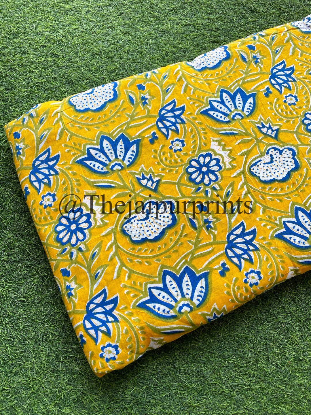 Yellow Flowers Indian Hand Block Print Fabric, Indian Cotton Fabric ...