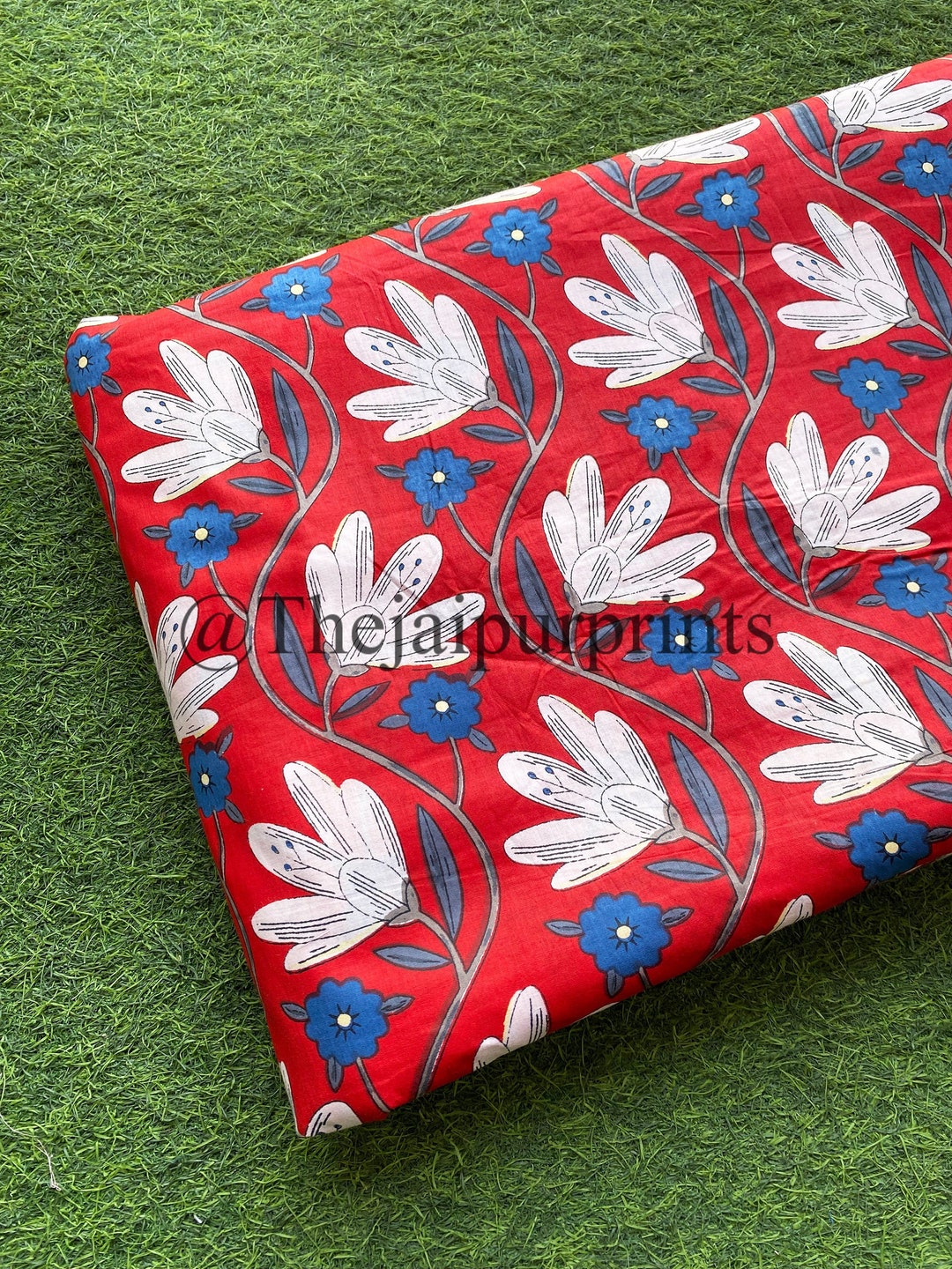 Red Floral Cotton Fabric, Indian Hand Printed Fabric by the Yard ...